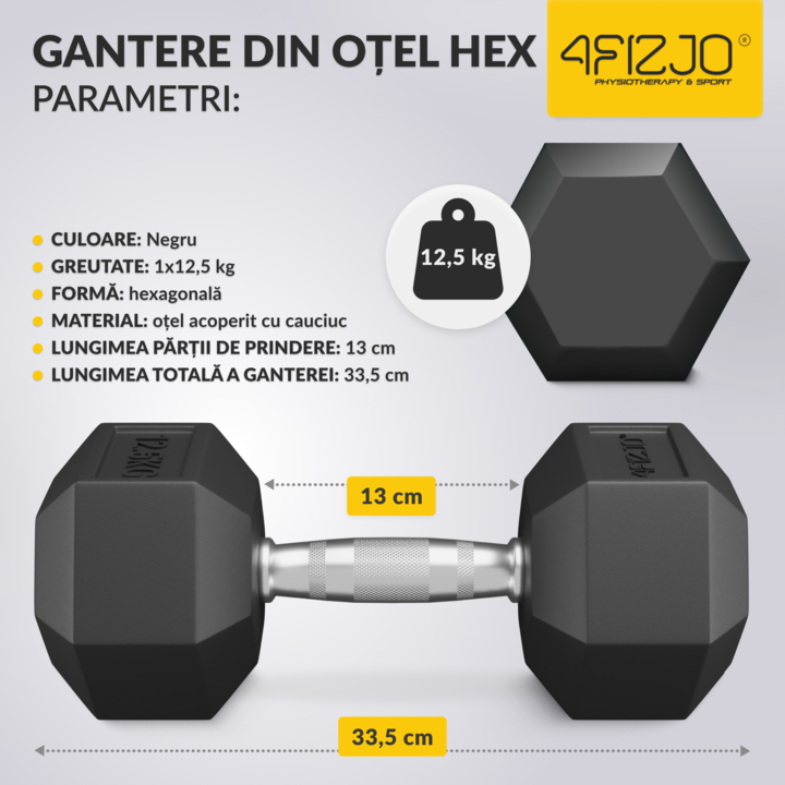Haltera de otel HEX, 4FIZJO, pentru antrenament la sala de sport, Forma ...