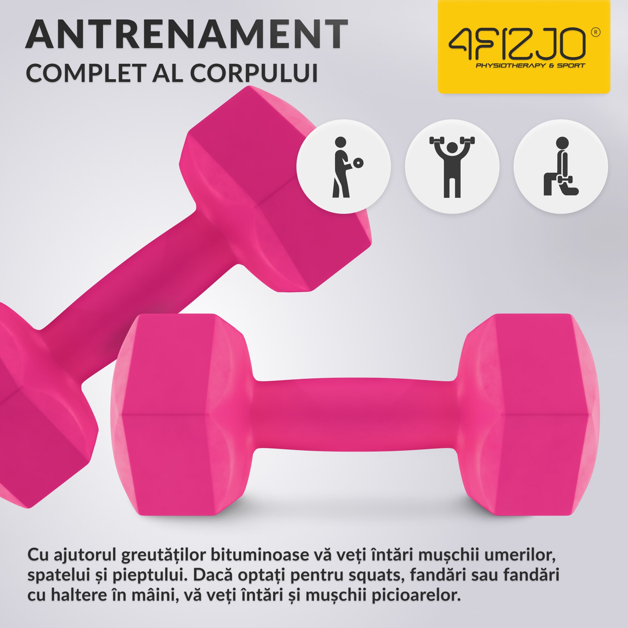 Set 2 gantere bituminoase pentru antrenament cu greutati si fitness, intarire musculara, 4FIZJO ...