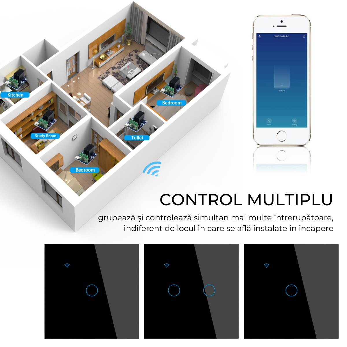 Intrerupator inteligent cu touch, Wi-Fi, Bluetooth, Control vocal ...