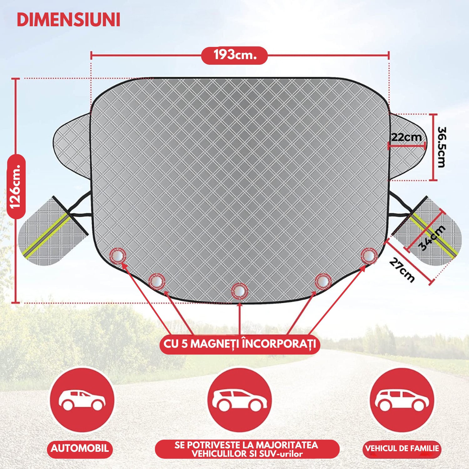 Parasolar Auto Elindor® pentru Parbriz si Oglinzi, Magnetic cu 5 ...