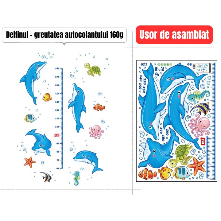Sticker autocolant metru masurare inaltime copii, Delfinul, Albastru ...