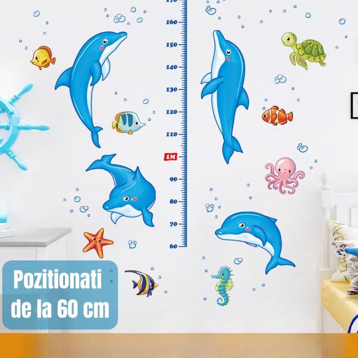 Sticker autocolant metru masurare inaltime copii, Delfinul, Albastru ...
