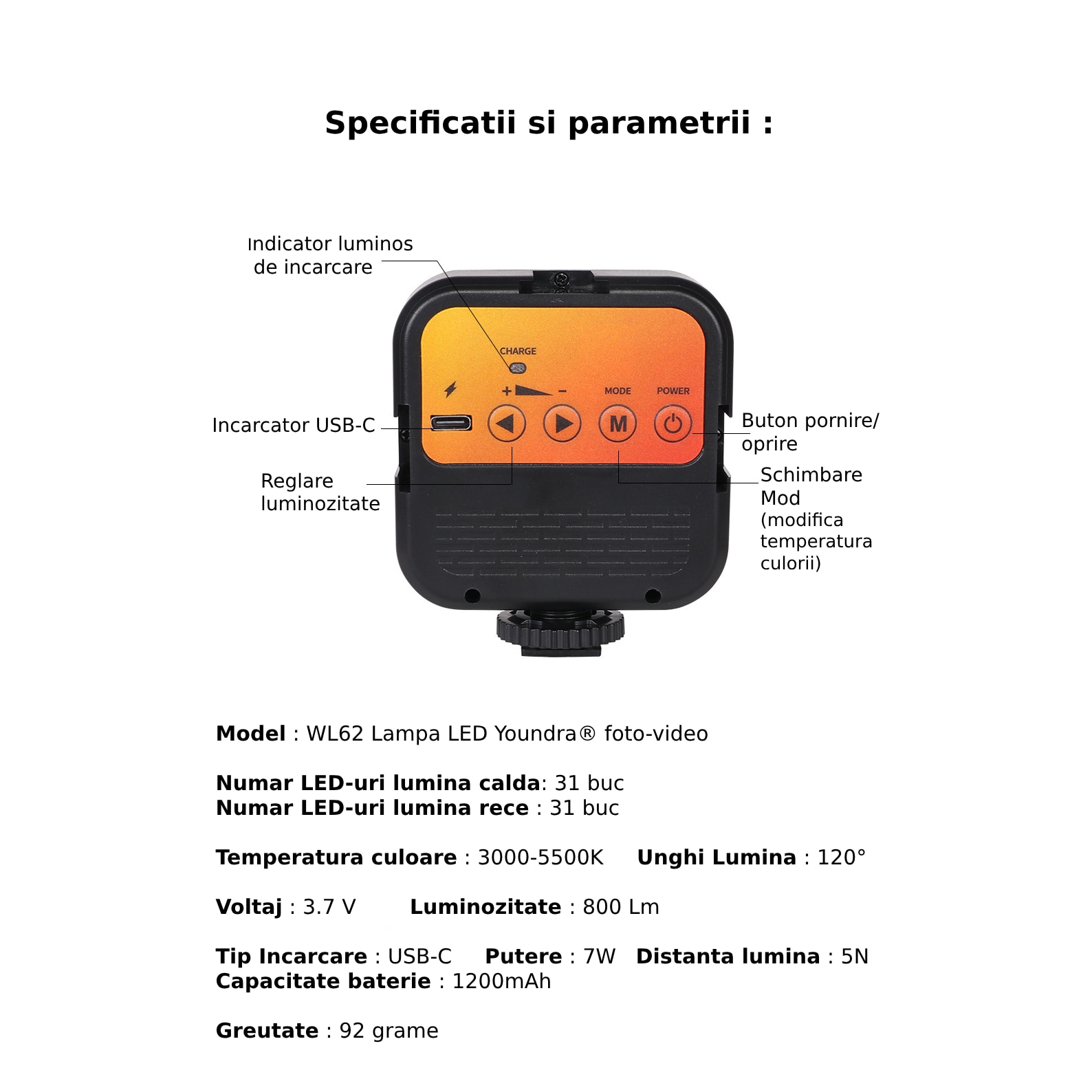 Lampa LED Youndra® foto-video, pentru DSLR, GoPro, Vlog, TikTok, cu ...