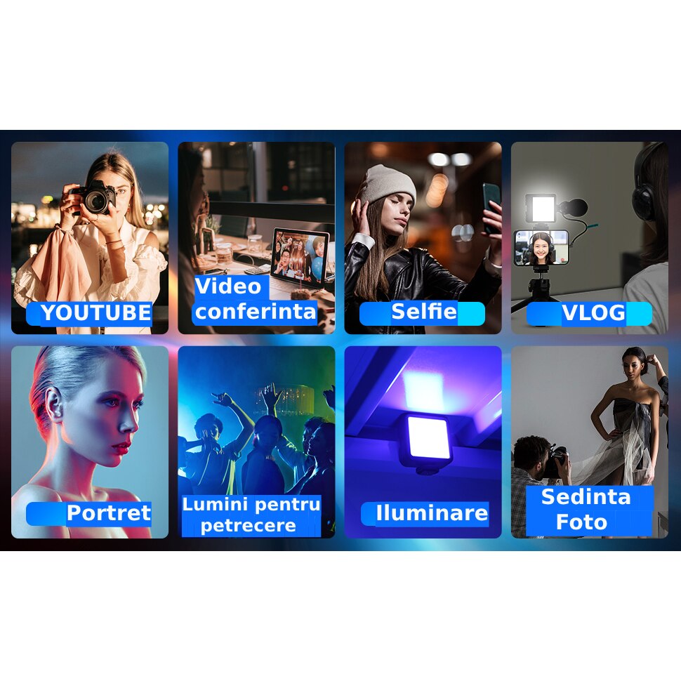 Lampa LED Youndra® foto-video, pentru DSLR, GoPro, Vlog, TikTok, cu ...
