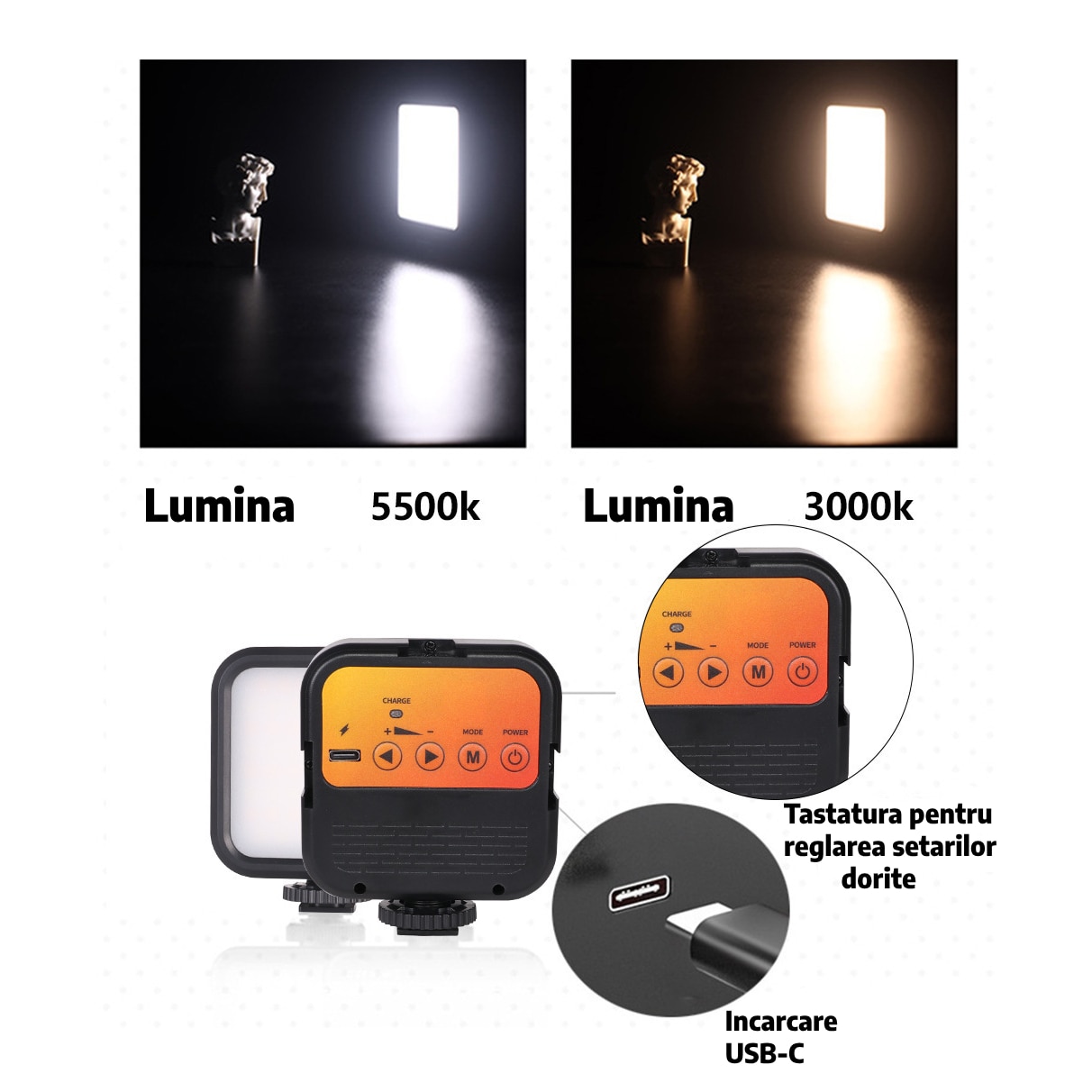 Lampa LED Youndra® foto-video, pentru DSLR, GoPro, Vlog, TikTok, cu ...