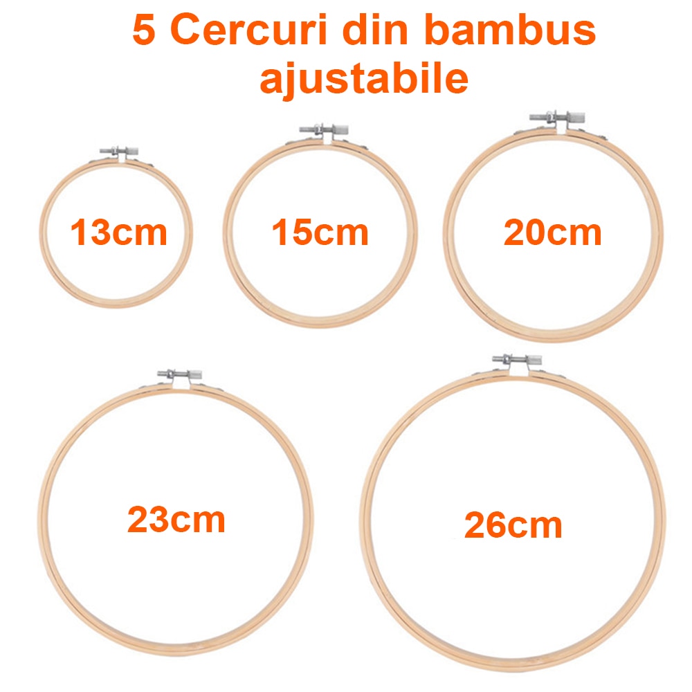 Set de broderie, 124 fire colorate pentru brodat, 5 cercuri de bambus ...