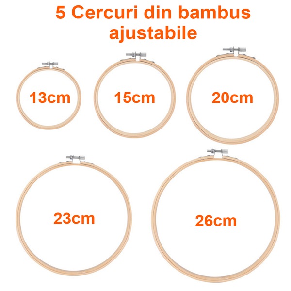 Set de broderie, 124 fire colorate pentru brodat, 5 cercuri de bambus ...