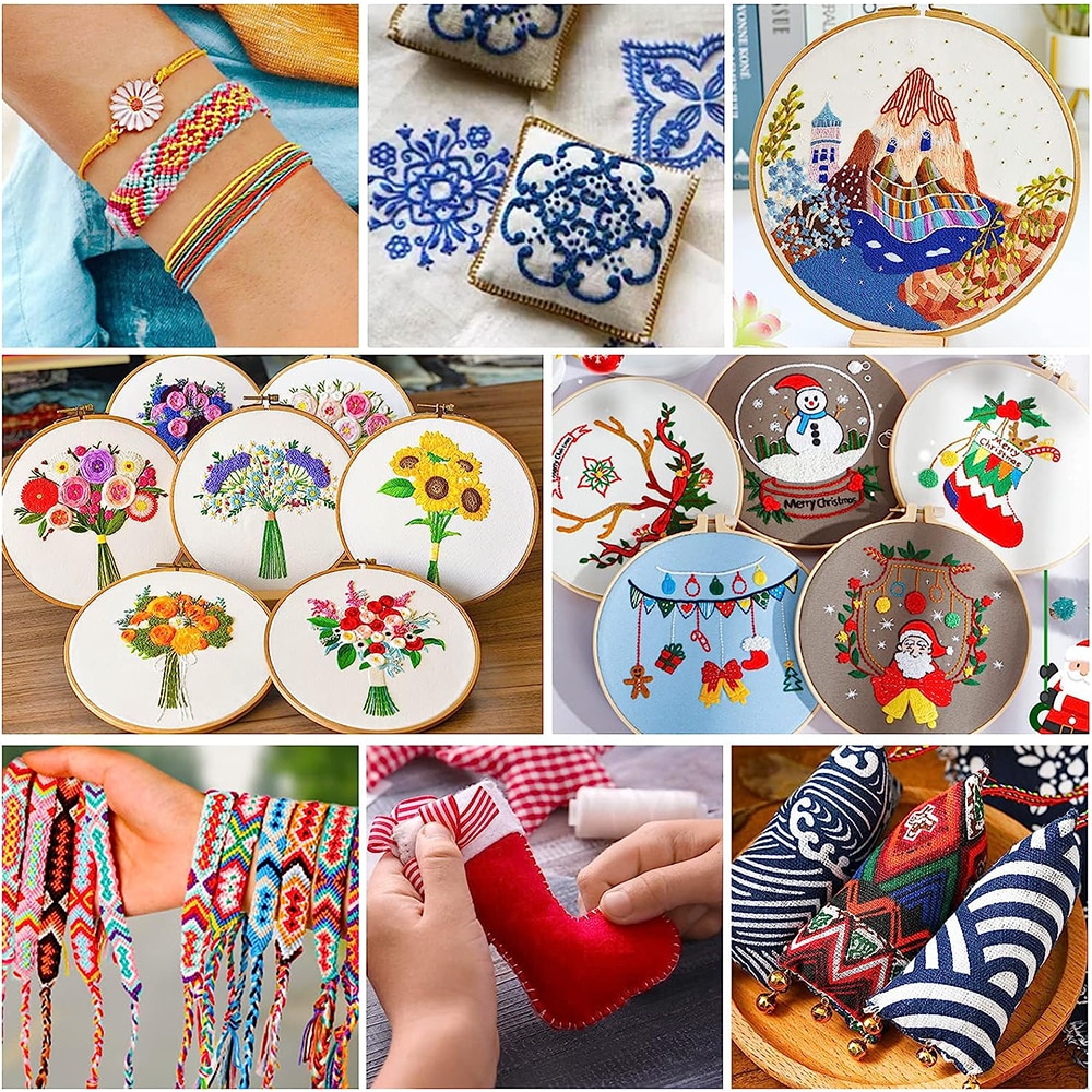 Set de broderie, 124 fire colorate pentru brodat, 5 cercuri de bambus ...