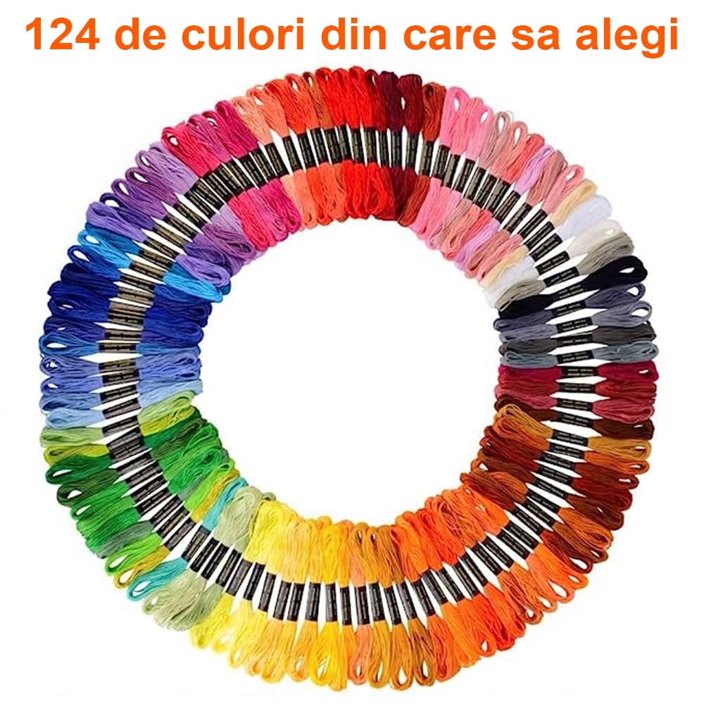 Set de broderie, 124 fire colorate pentru brodat, 5 cercuri de bambus ...