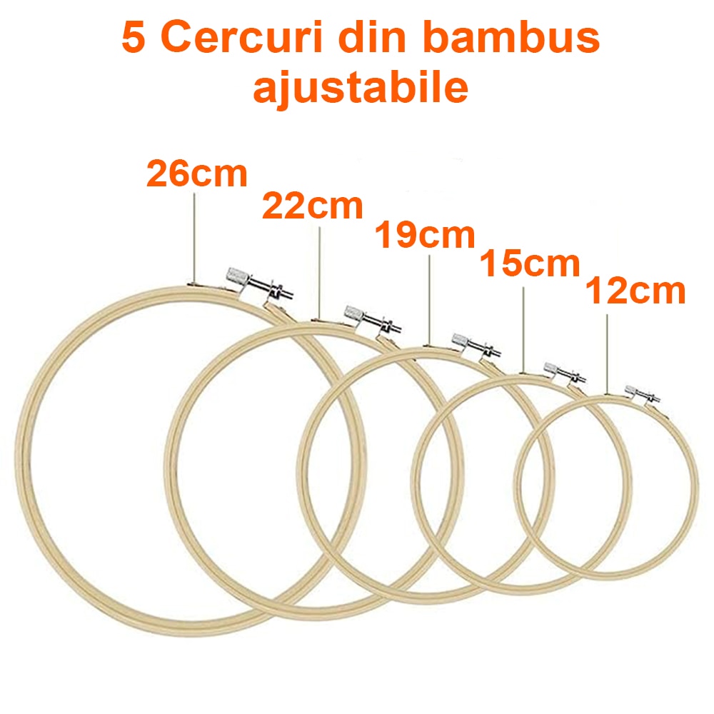 Set de broderie, 100 fire colorate, 5 cercuri bambus, 5 panze etamina ...