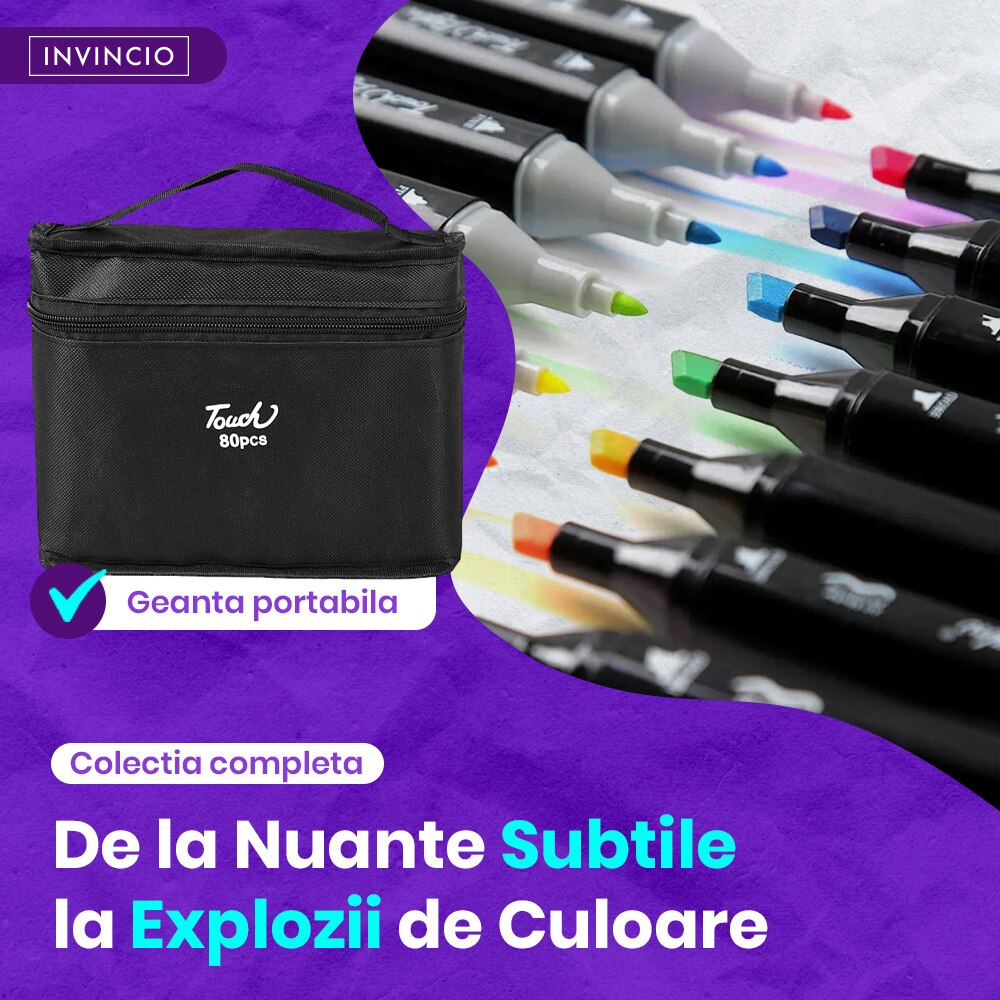 Set 120 culori markere duble, INVINCIO, carioci profesionale, culori ...