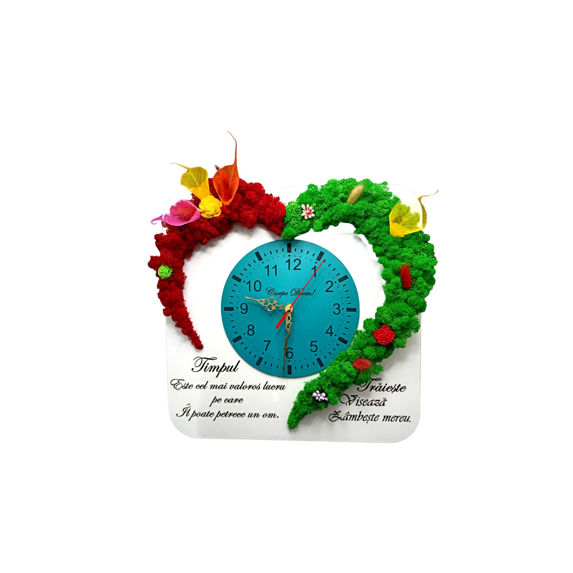 Ceas decorativ inima cu licheni stabilizati naturali, cu suport ...