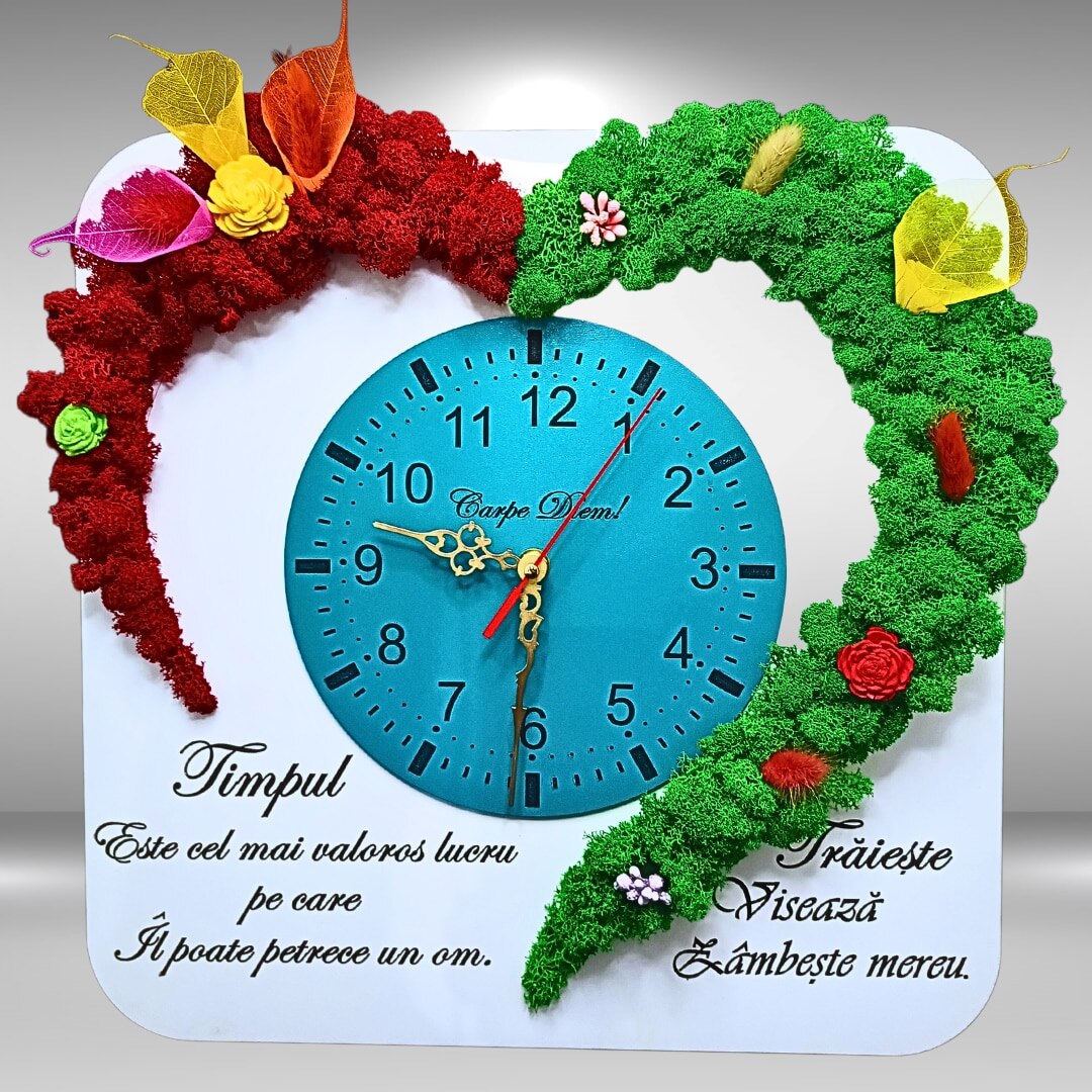 Ceas decorativ inima cu licheni stabilizati naturali, cu suport ...