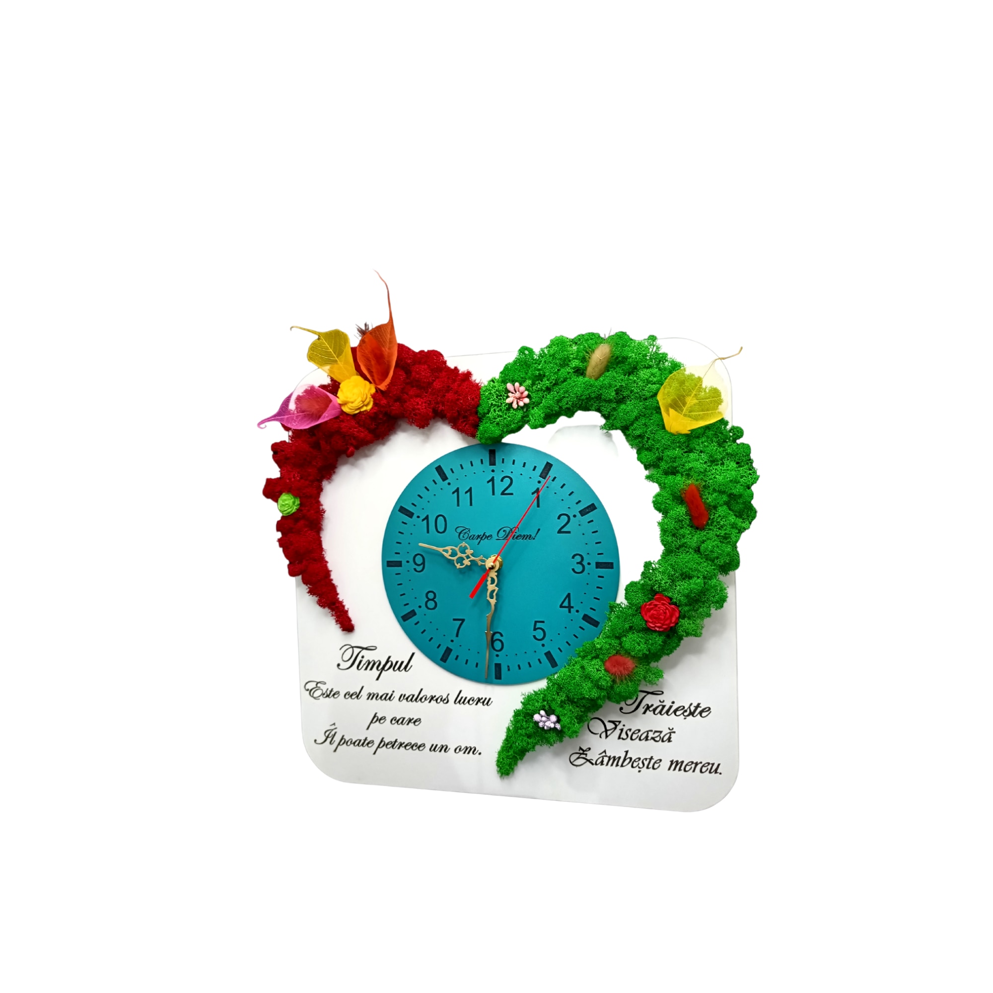 Ceas decorativ inima cu licheni stabilizati naturali, cu suport ...