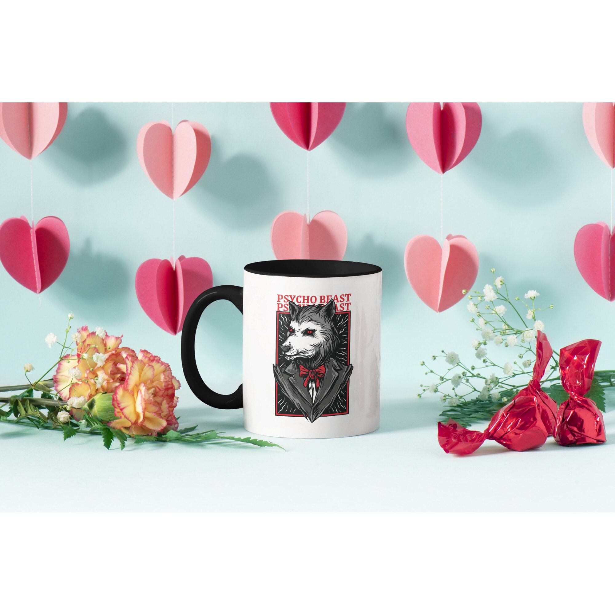 Cana Cu Portret Lup In Costum Cu apion Rosu Si Ochii Rosii, Mesaj In ...