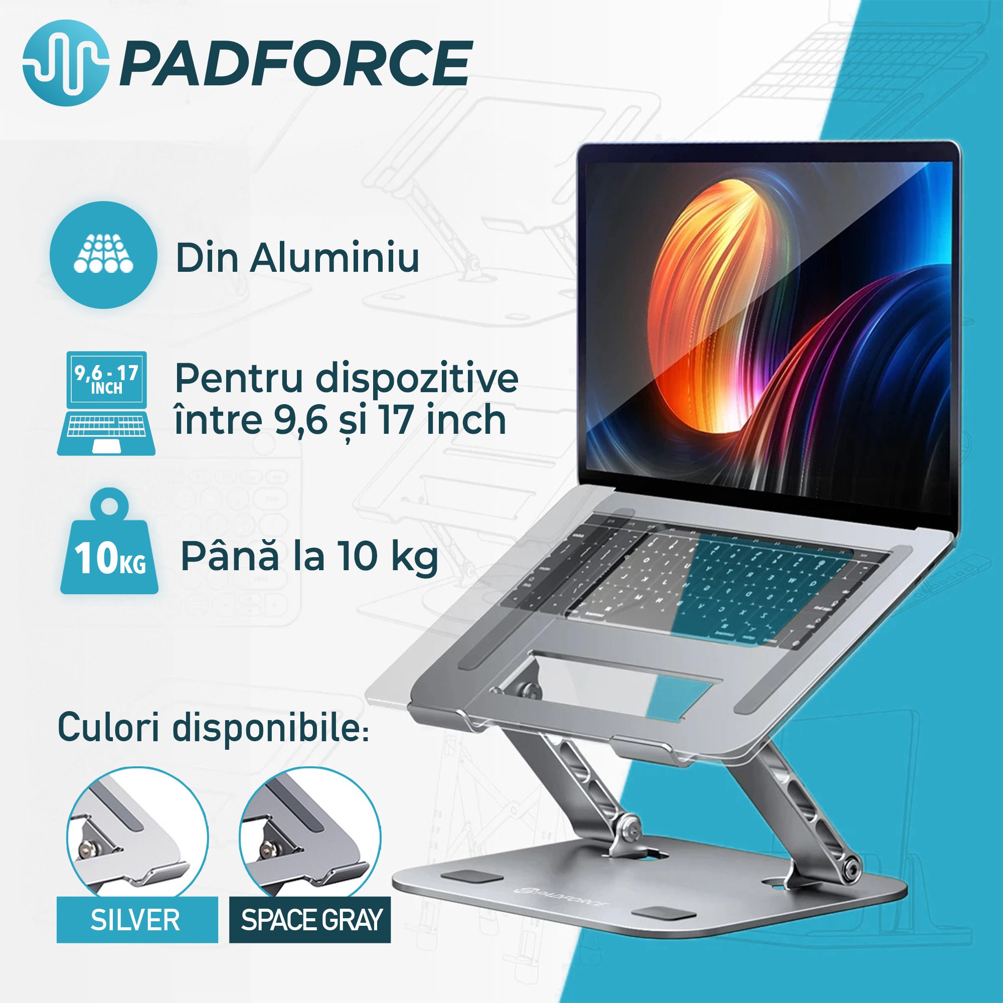 Suport laptop PadForce®, 9,6-17" inch, Inaltime reglabila, Portabil ...