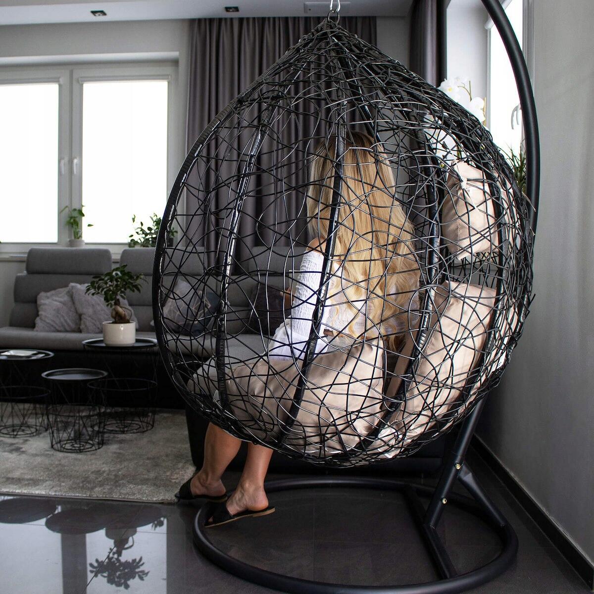 Scaun leagan suspendat, Springos, Adela, ratan sintetic, negru, perna ...