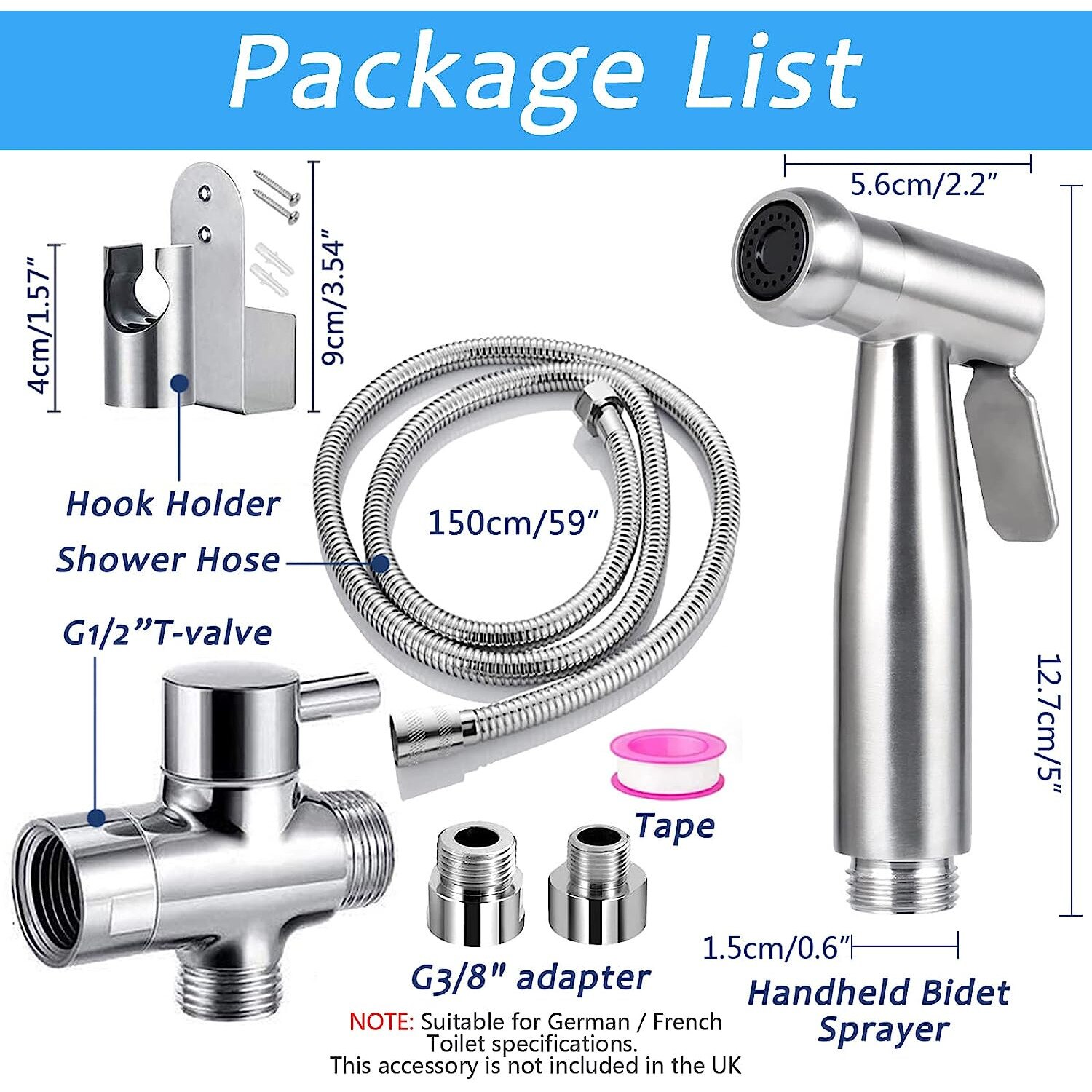 Dus pentru bideu, JENUOS®, cu furtun, cap T, montaj perete, cu ...