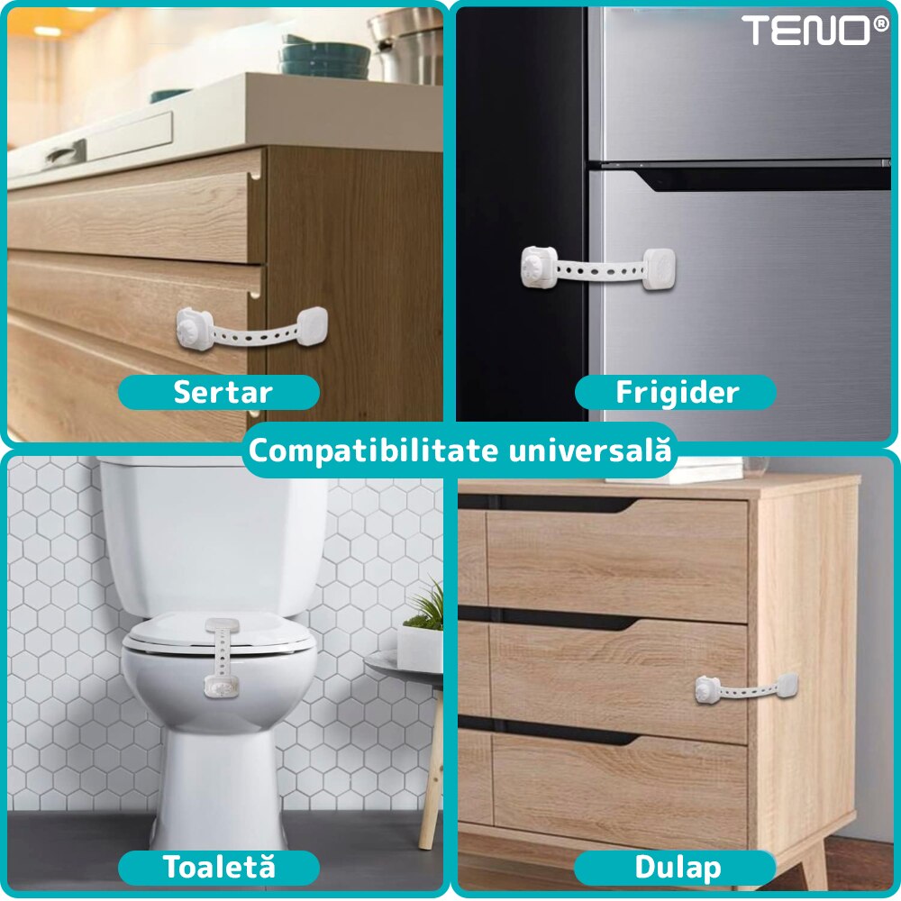 Set 6 x Siguranta Usi Copii Teno®, sistem de inchidere dubla, blocare usi/sertare/duapuri ...