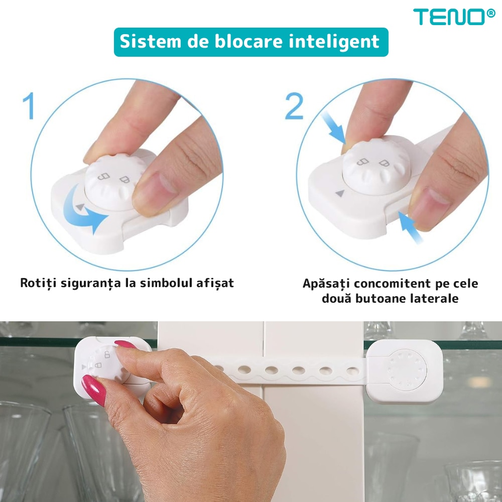 Set 6 x Siguranta Usi Copii Teno®, sistem de inchidere dubla, blocare usi/sertare/duapuri ...
