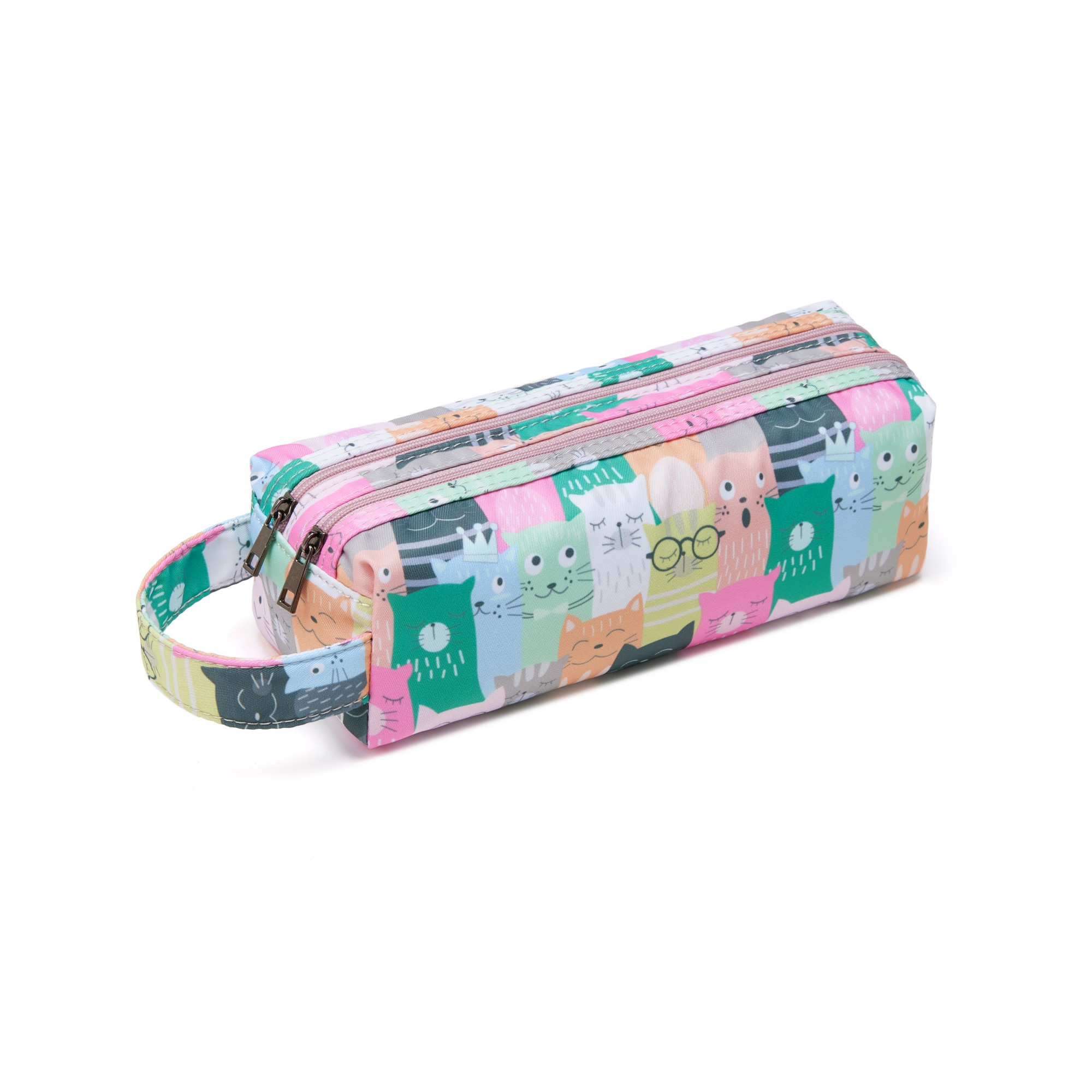 Penar scolar cu maner tip borseta, 2 compartimente, model Pisici, Roz ...