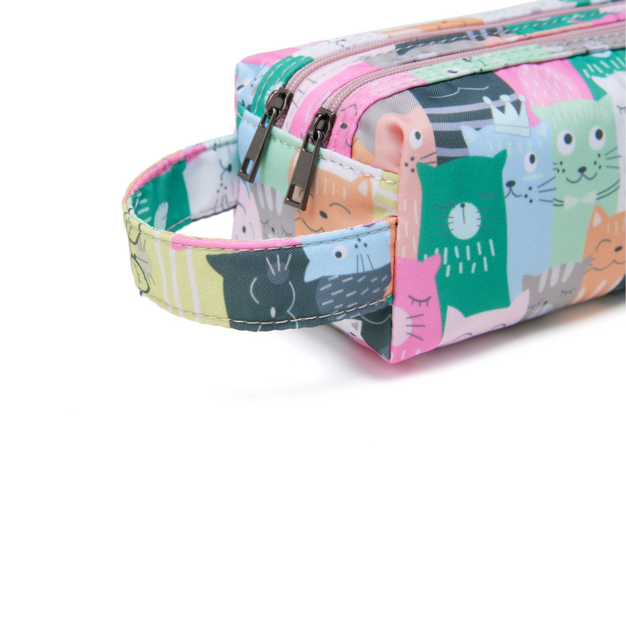 Penar scolar cu maner tip borseta, 2 compartimente, model Pisici, Roz ...