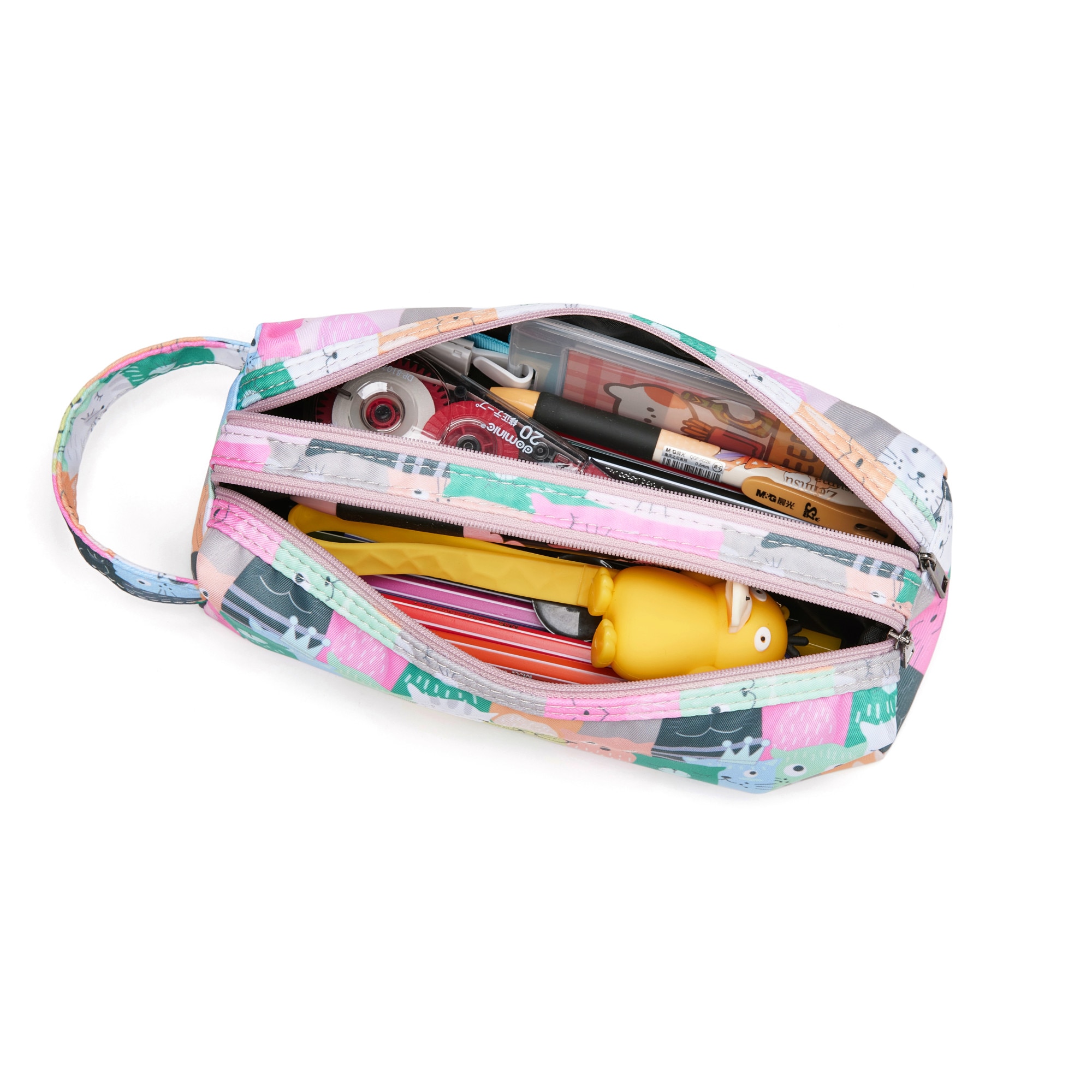 Penar scolar cu maner tip borseta, 2 compartimente, model Pisici, Roz ...