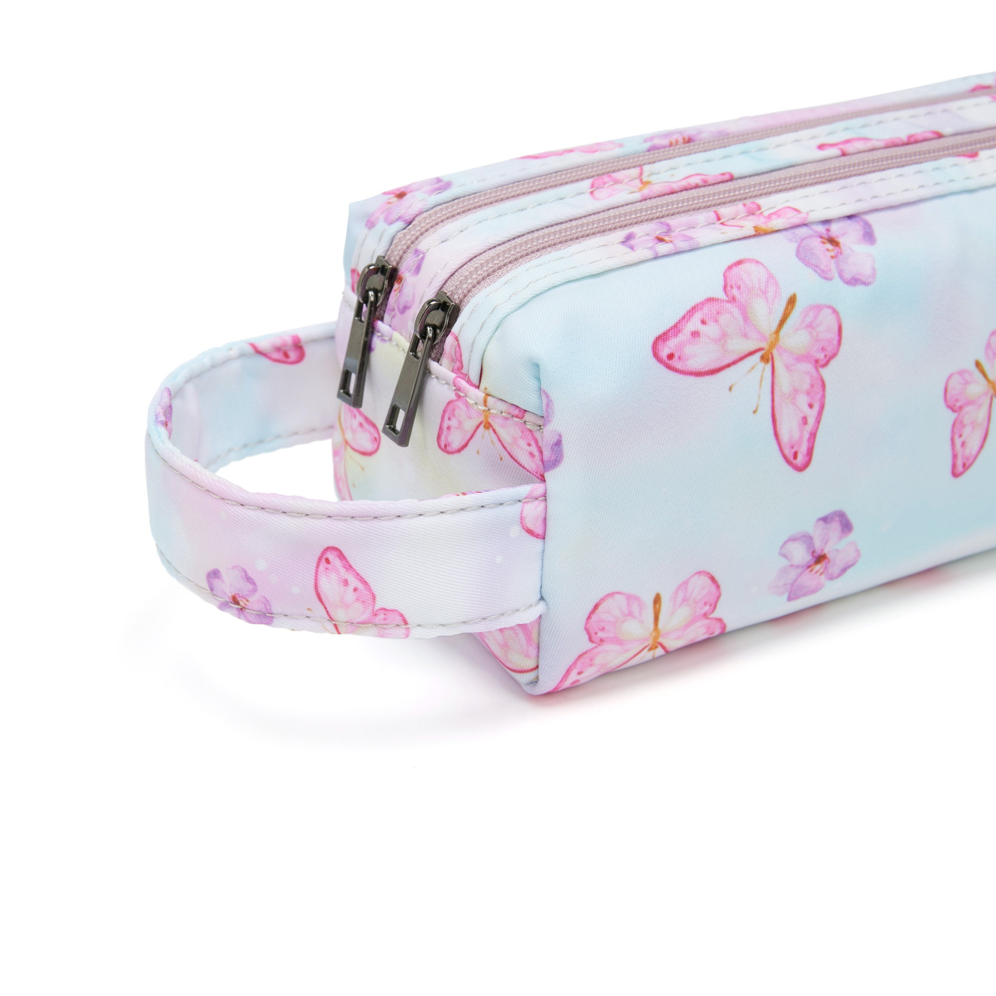 Penar scolar cu maner tip borseta, 2 compartimente, model Fluturi, Roz ...