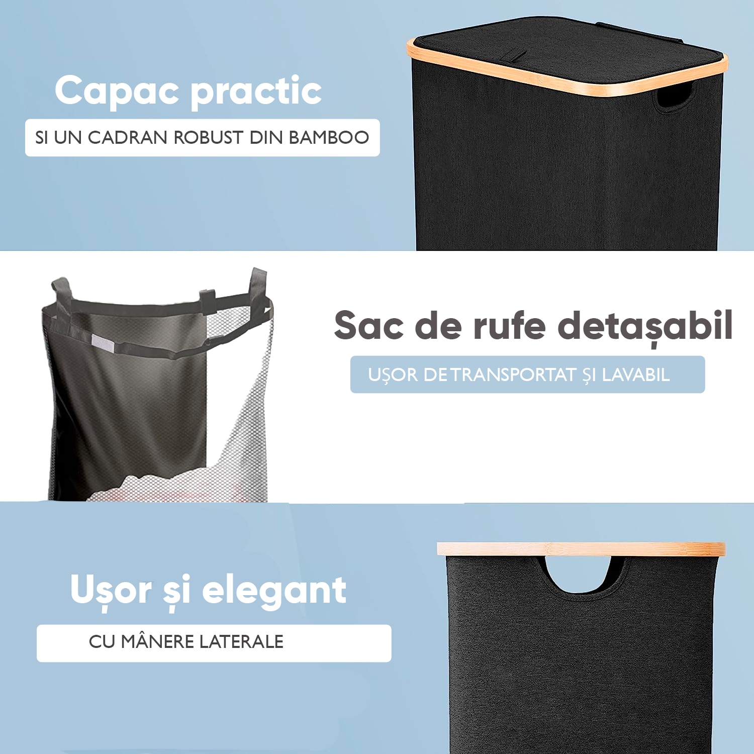 Cos de rufe bambus, pliabil, cu capac si sac de rufe detasabil, 100 L ...