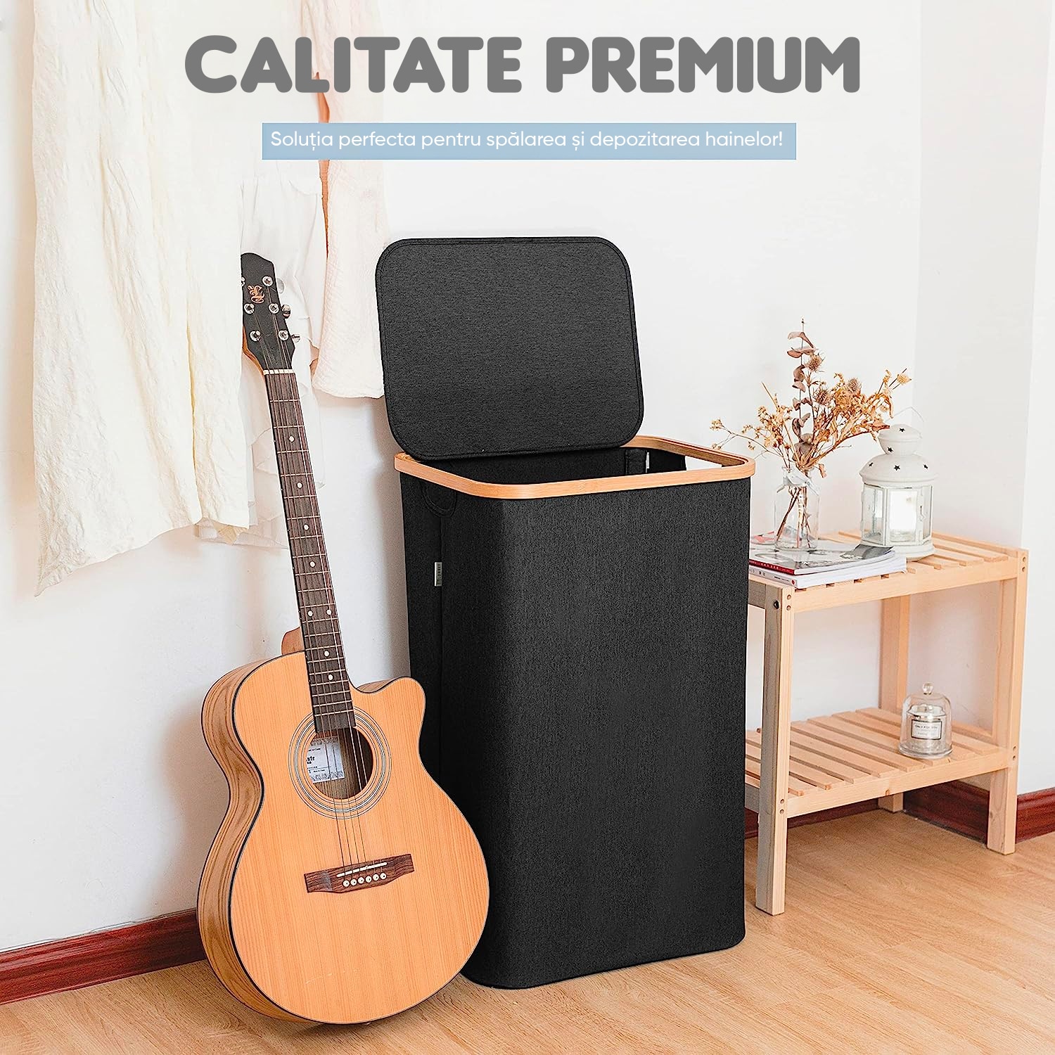 Cos de rufe bambus, pliabil, cu capac si sac de rufe detasabil, 100 L ...