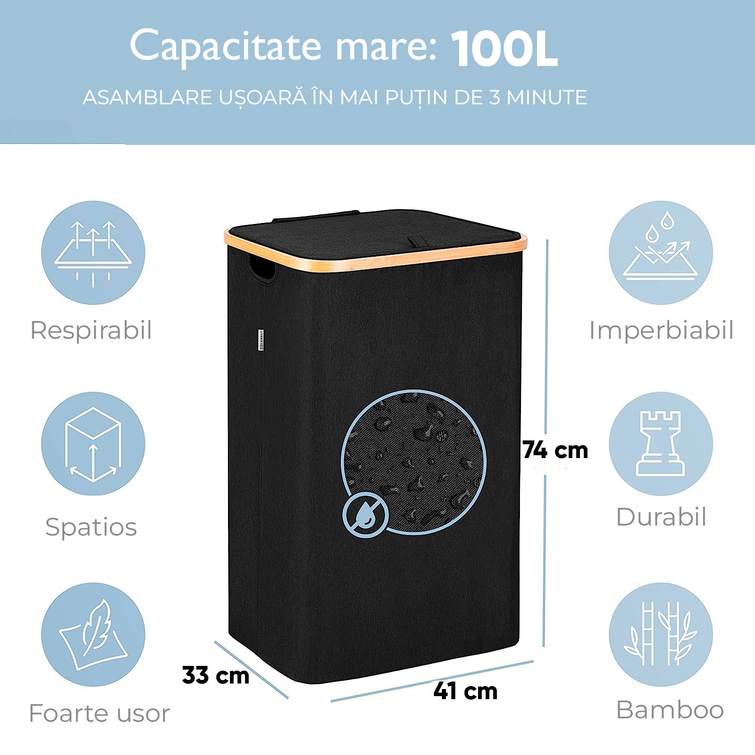 Cos de rufe bambus, pliabil, cu capac si sac de rufe detasabil, 100 L ...