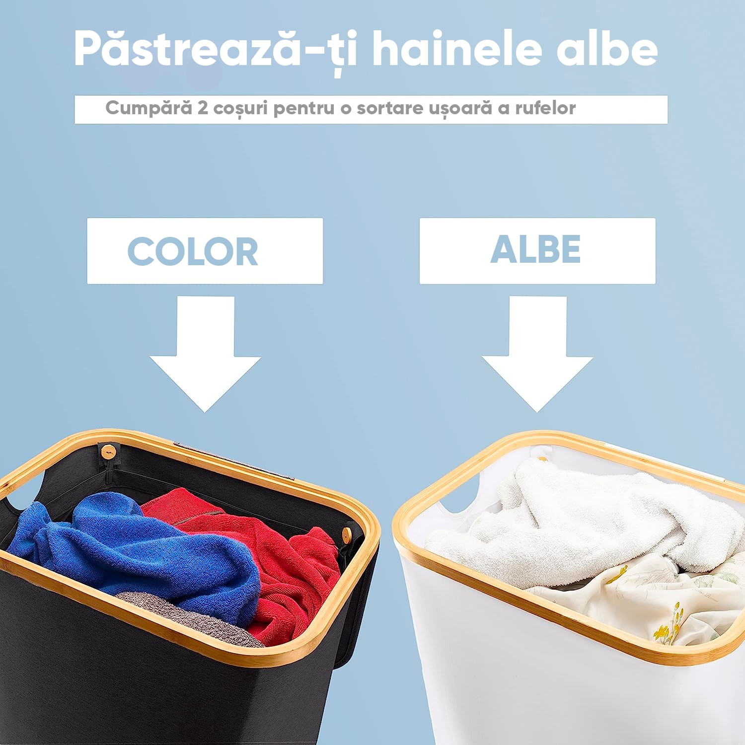 Cos de rufe bambus, pliabil, cu capac si sac de rufe detasabil, 100 L ...