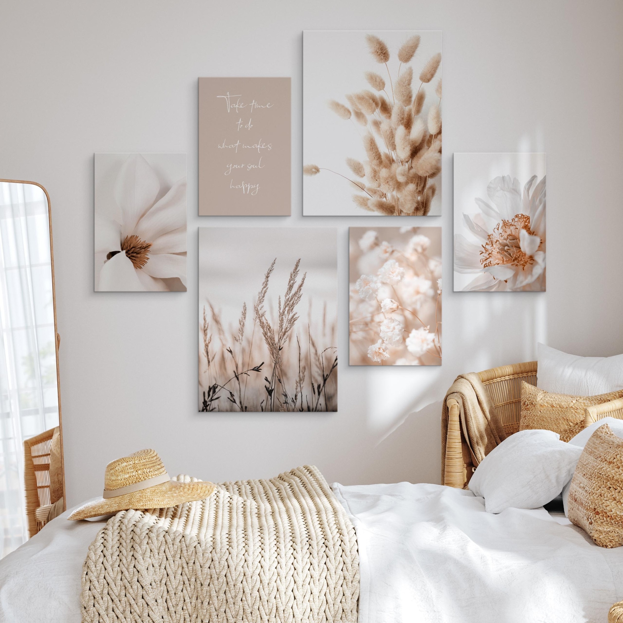 Set 6 Tablouri Decorative Flori Albe, Boho Grass, Nature 90x80cm: 2 ...