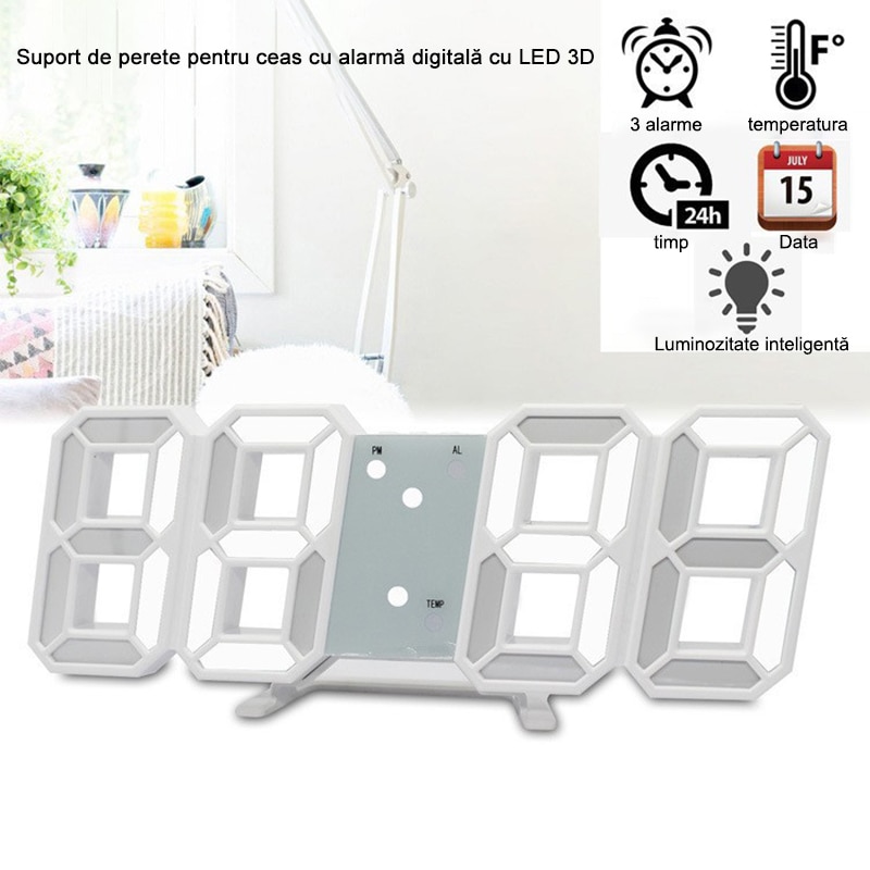 Ceas digital, LED, 3D, USB, Alb - eMAG.ro