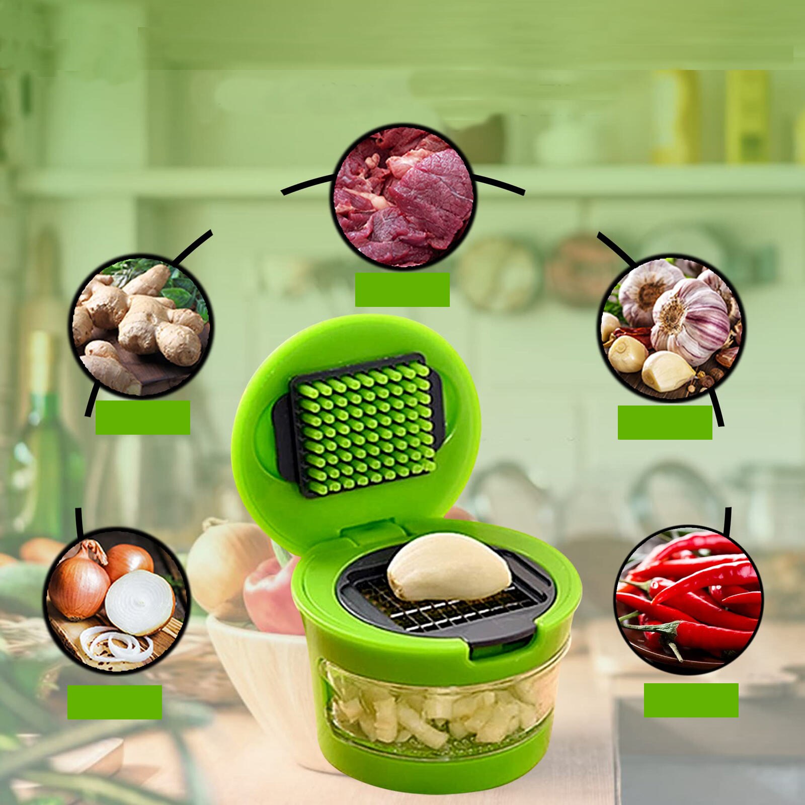 Tocator manual pentru legume, Vaxiuja, 2 cutite, 7.5x6x7.5 cm, Verde ...
