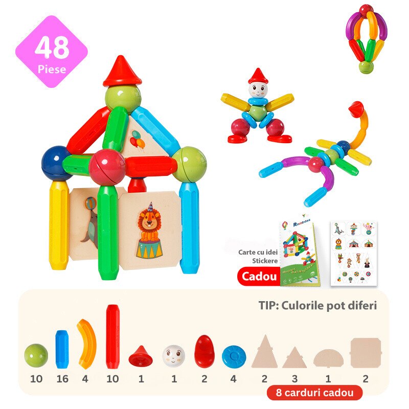 Set Jucarii Magnetice pentru Constructie, Magnetic Sticks 3D, 48 Piese ...