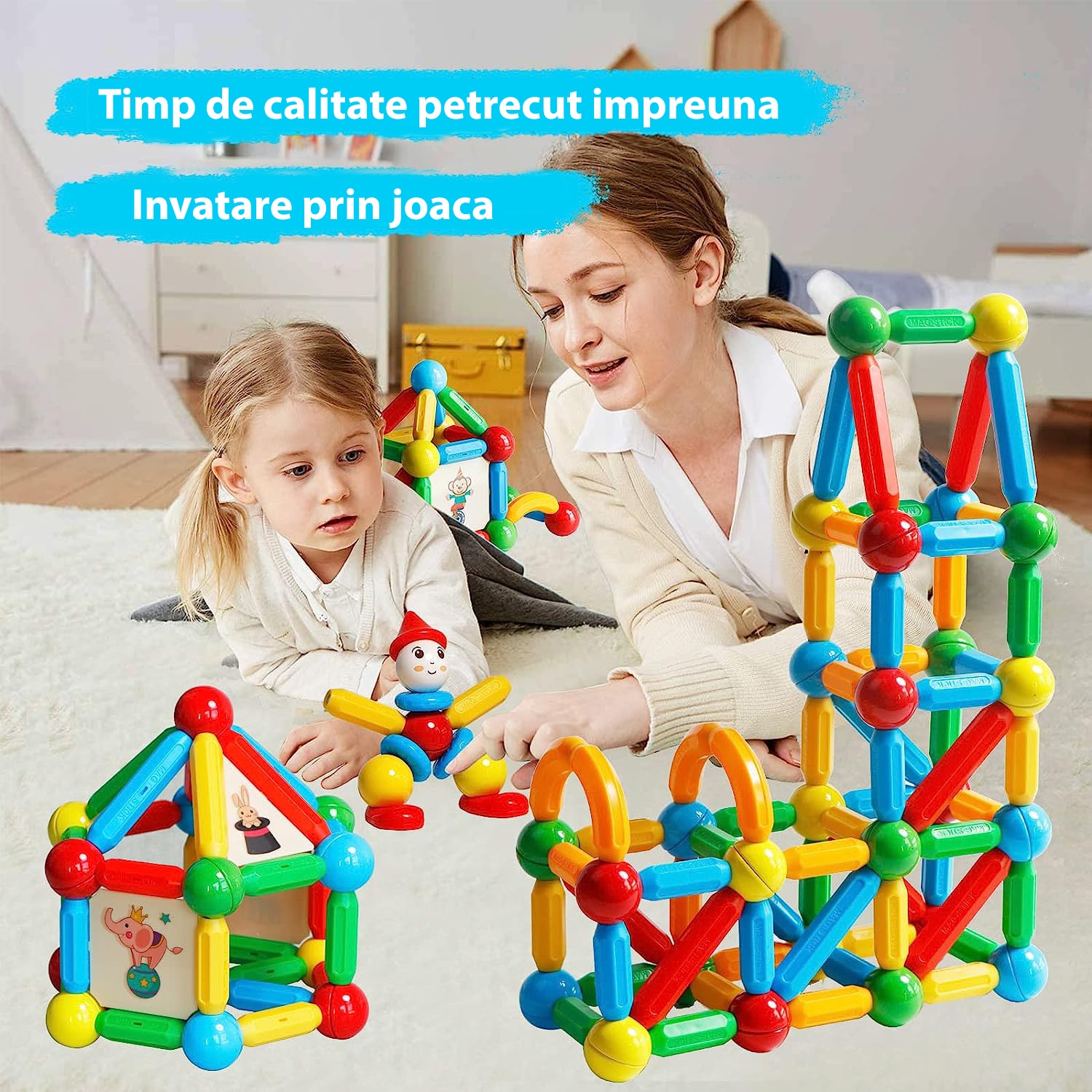 Set Jucarii Magnetice pentru Constructie, Magnetic Sticks 3D, 48 Piese ...