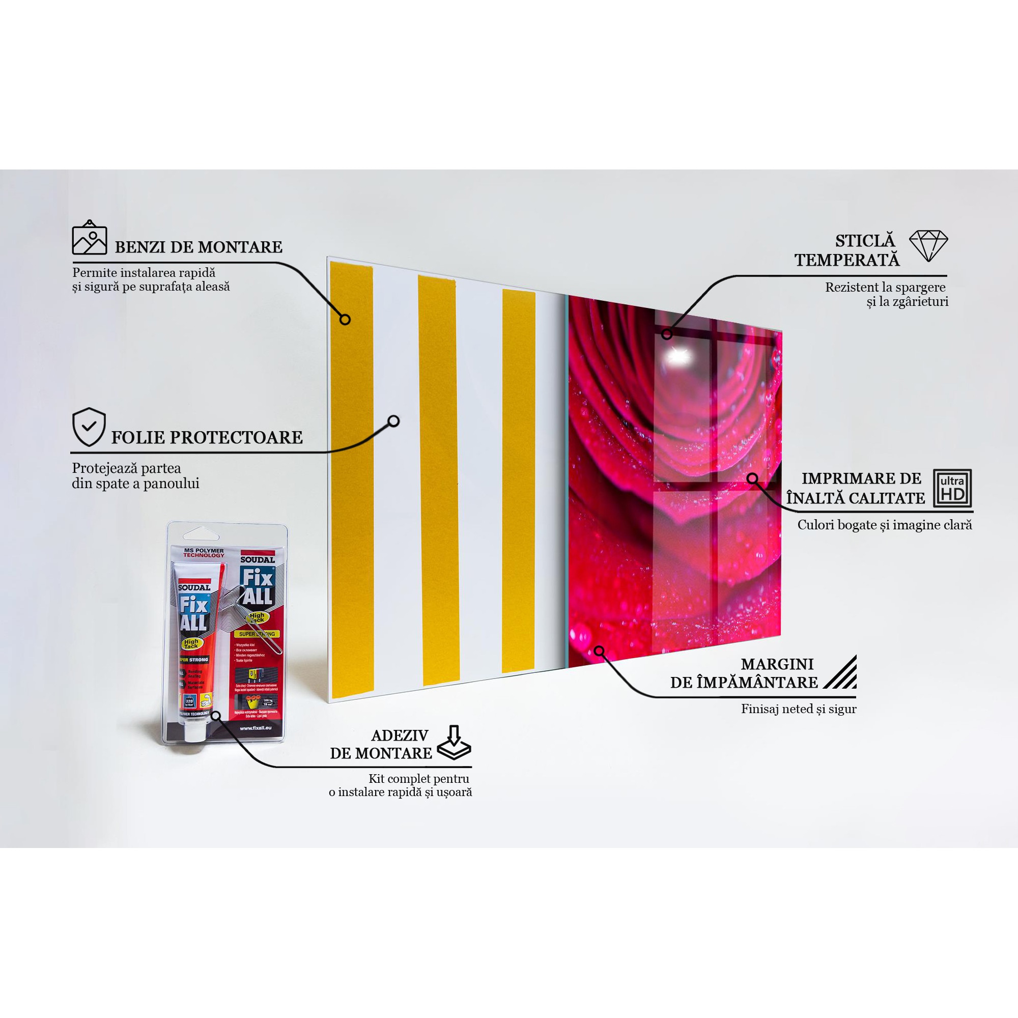 Panou decorativ, Wallfluent, Sticla, Trandafir Simbol Al Iubirii ...