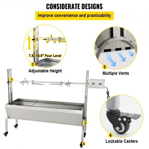Gratar cu rotisor, capacitate 60 kg, in otel inoxidabil pentru friptura ...