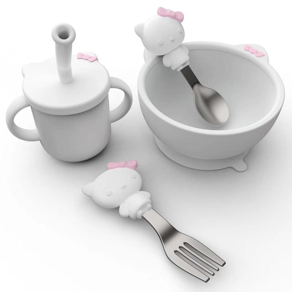 Комплект за хранене за бебета и деца Hello Kitty Силиконов 4 части Купа с вендуза Чаша със