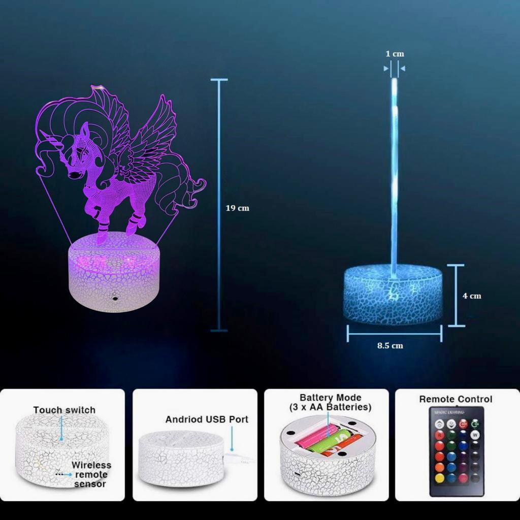 Lampa de veghe 3D copii, model unicorn 2, LED, USB/Baterii, telecomanda, 16 culori controlabile ...