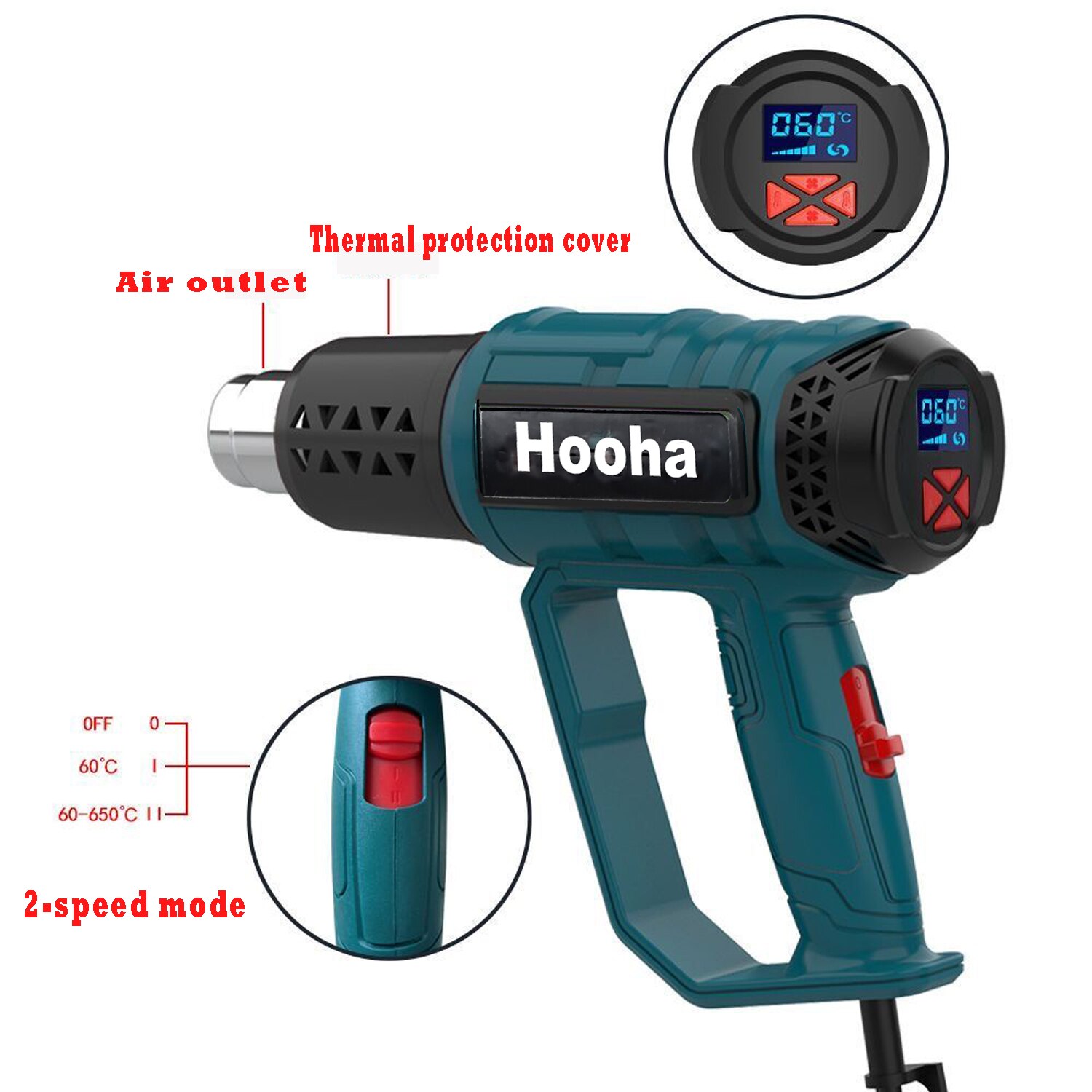 Pistol termic cu 2 viteze reglabile, Hooha, 2000 W (60-650 ° C), 7 ...