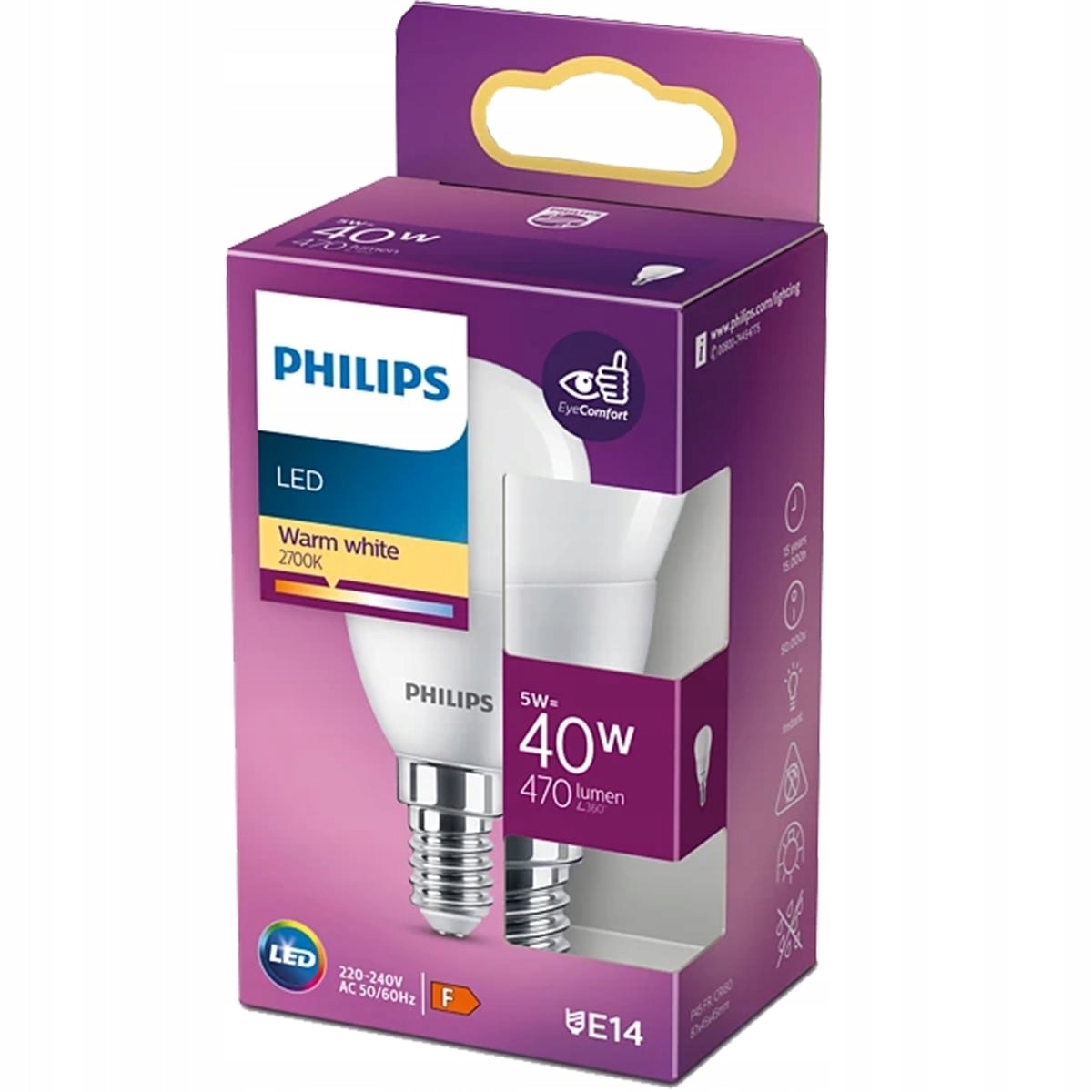 Bec LED E14 P45, Philips, Clasa F, 40W, 470lm - eMAG.ro