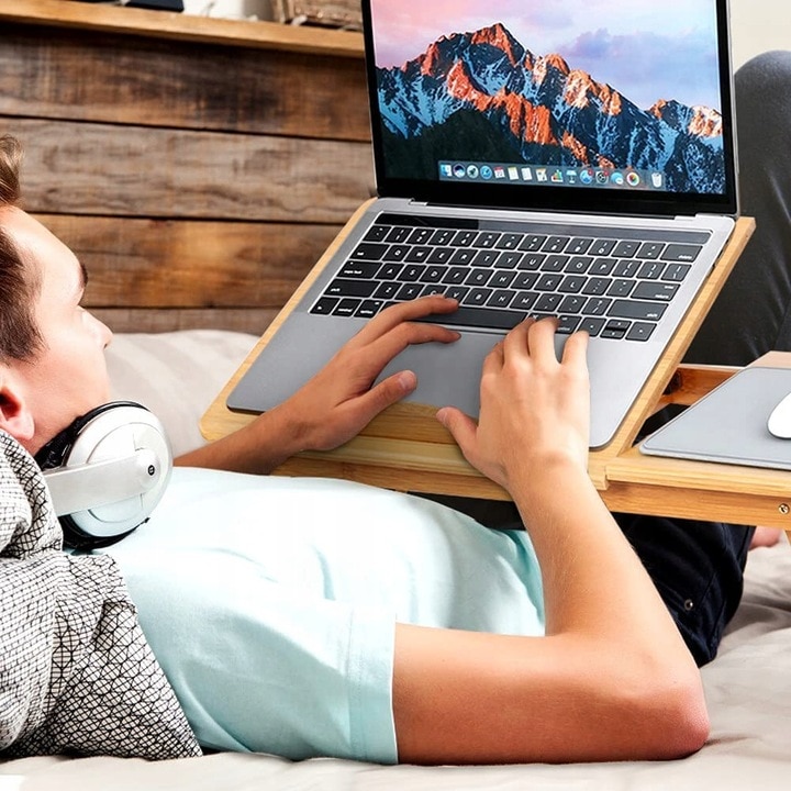 Suport laptop reglabil Pat, Pronett, Bambus, Ventilare Naturala ...