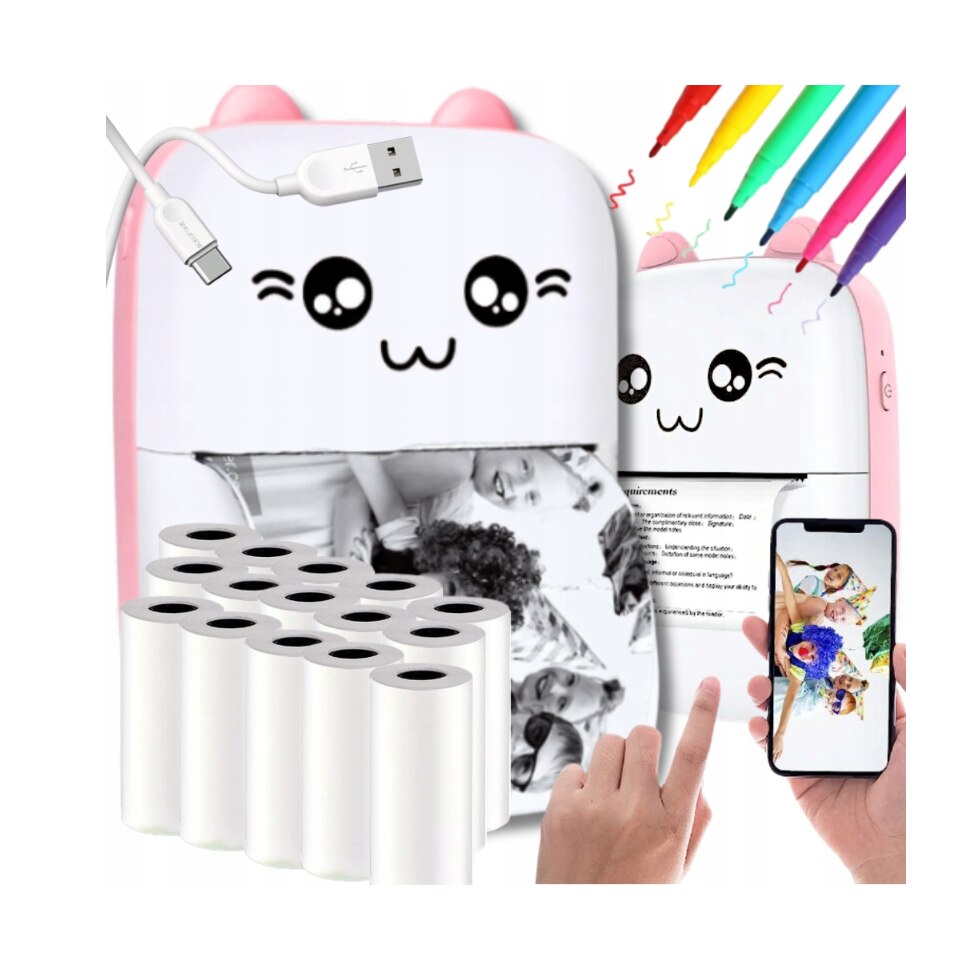 Set, Mini imprimanta termica, cu 15 role (57x25mm) hartie termica, 5 ...