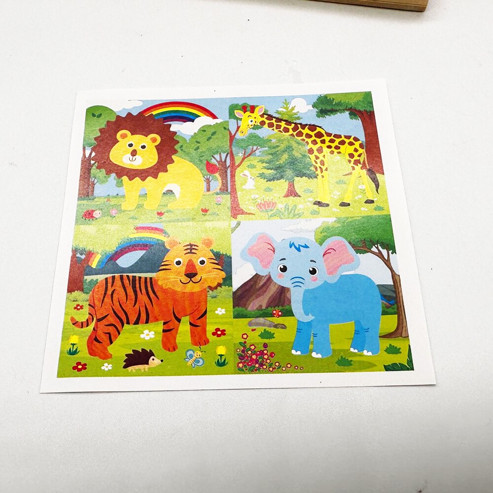 Set 16 cuburi din lemn, 6 fete, 6 povesti, Animale savana,10x10cm, cu ...