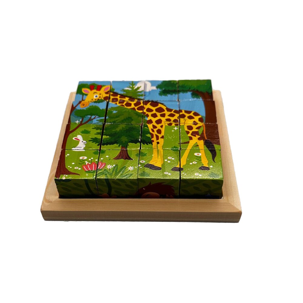 Set 16 cuburi din lemn, 6 fete, 6 povesti, Animale savana,10x10cm, cu ...