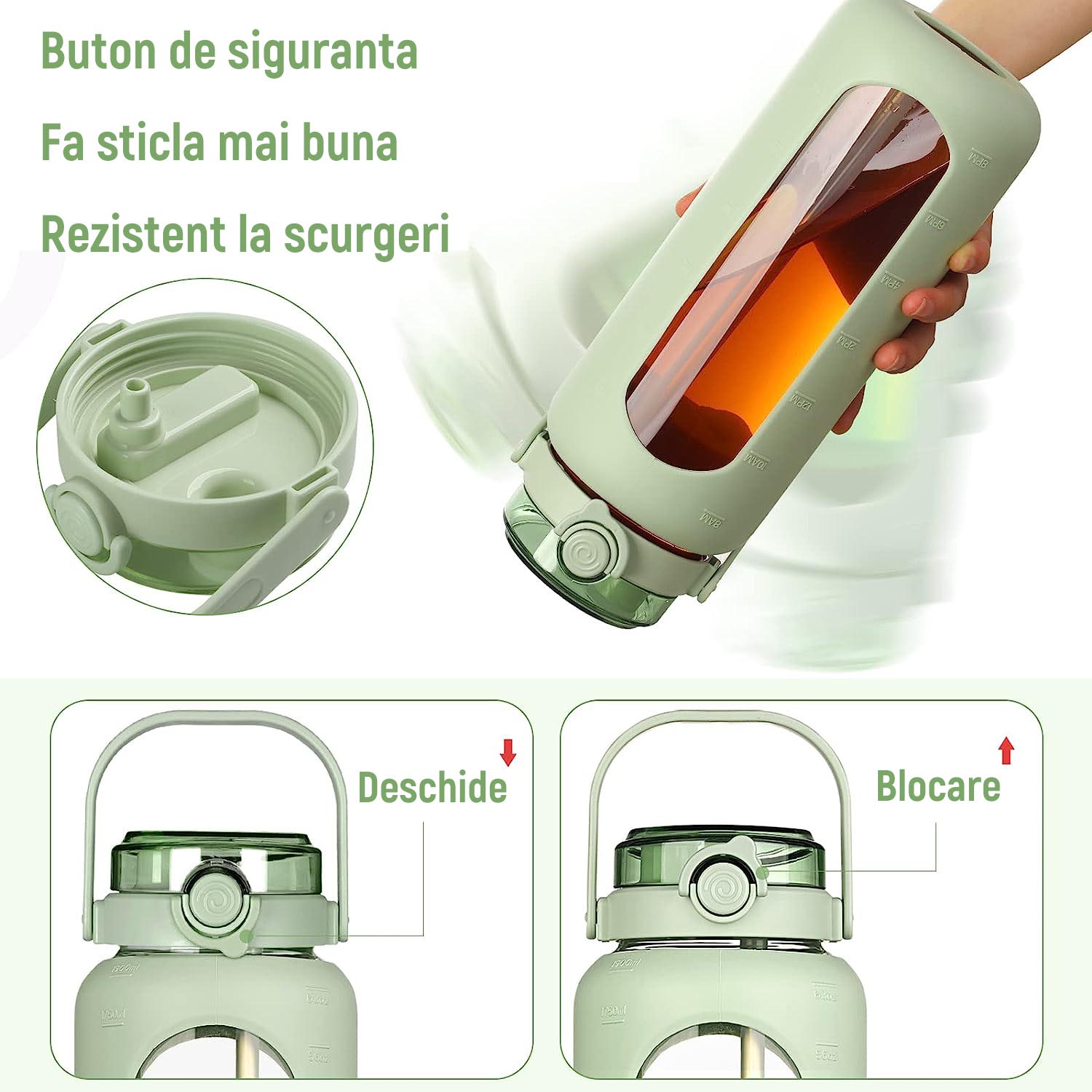 Sticla portabila apa, Pai incorporat, cu capac si maner, Gura dubla de ...