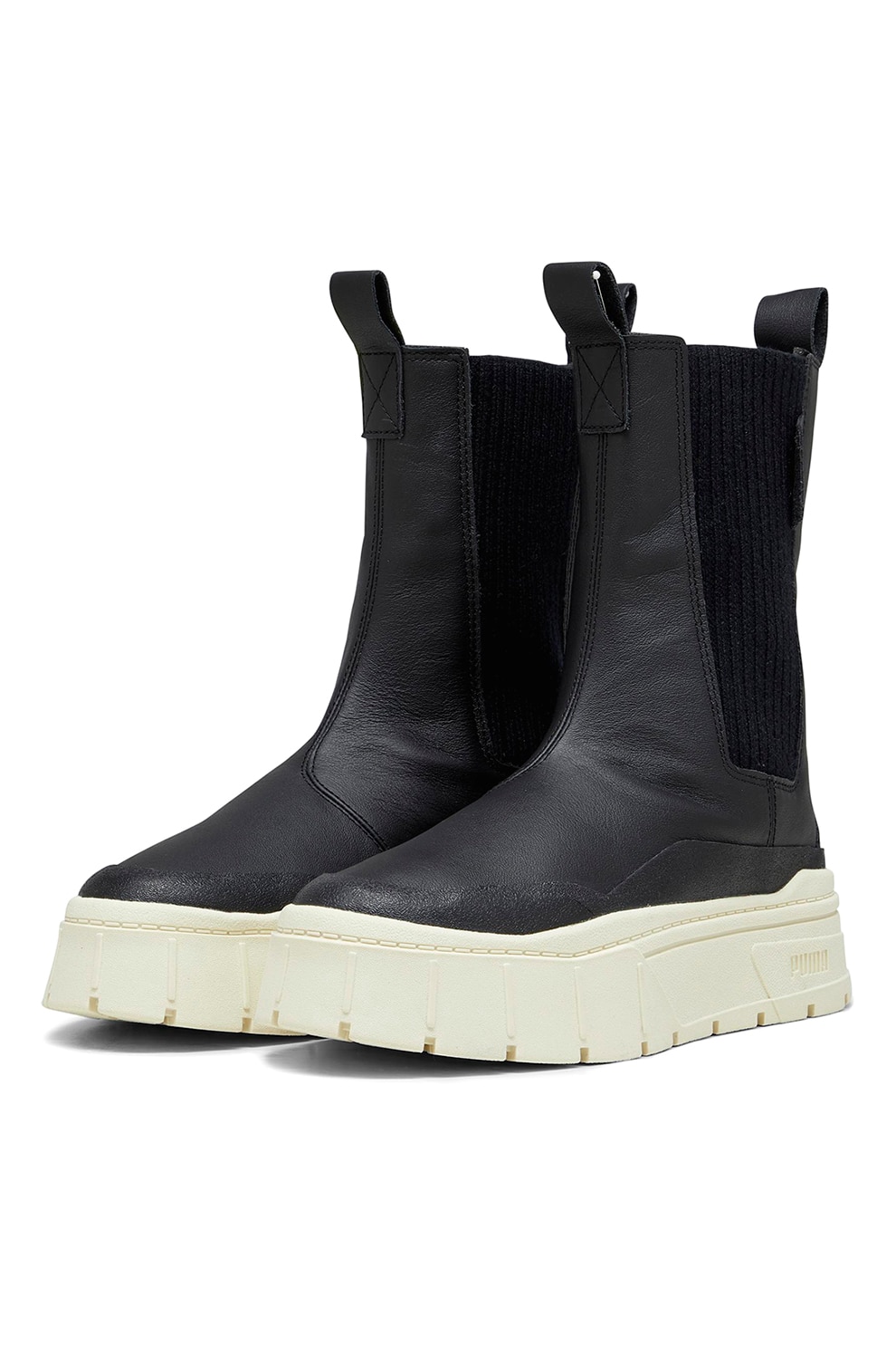 Puma, Ghete Chelsea de piele textile Mayze Stack, Negru, Alb murdar, 6 ...