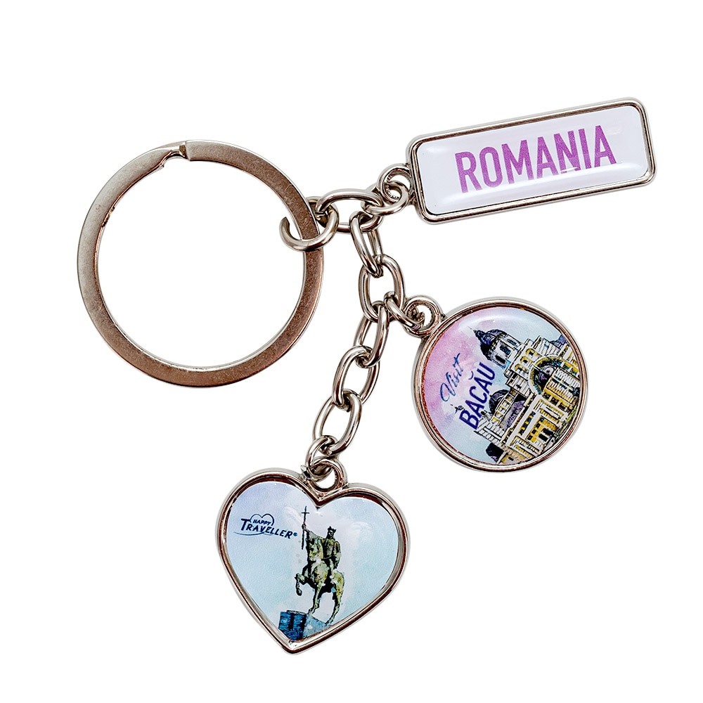 Breloc metalic trio cu 3 charmuri, 2 imagini Bacau, suvenir Romania ...